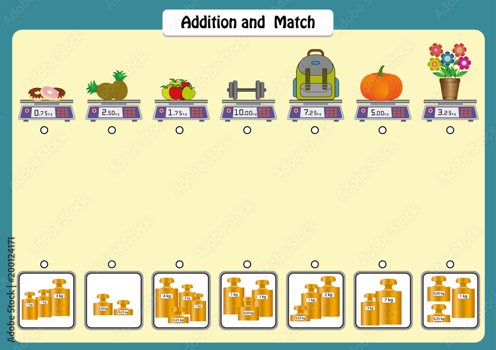addition and match the weights of objects, math worksheets for kids ...
