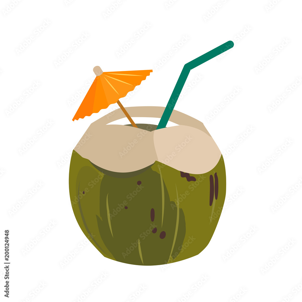 Green coconut water drink with drinking straw and paper umbrella ...