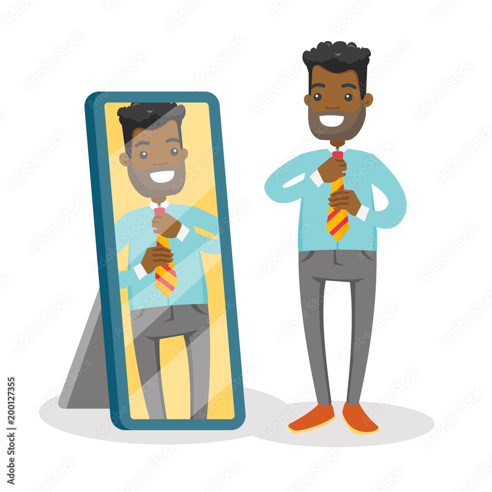 Cheerful african-american businessman looking at himself in the mirror ...