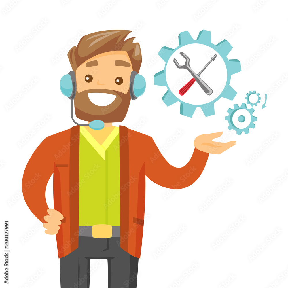 Caucasian white cheerful operator of technical support wearing ... Caucasian white cheerful operator of technical support wearing ...