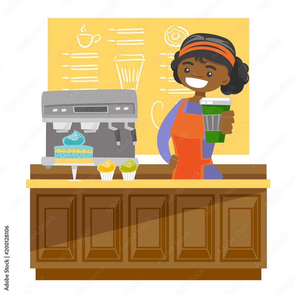 Young african-american friendly barista standing behind the counter ...