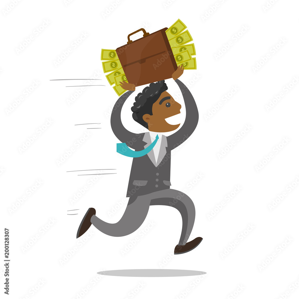 Corrupt african-american businessman running with briefcase full of ...