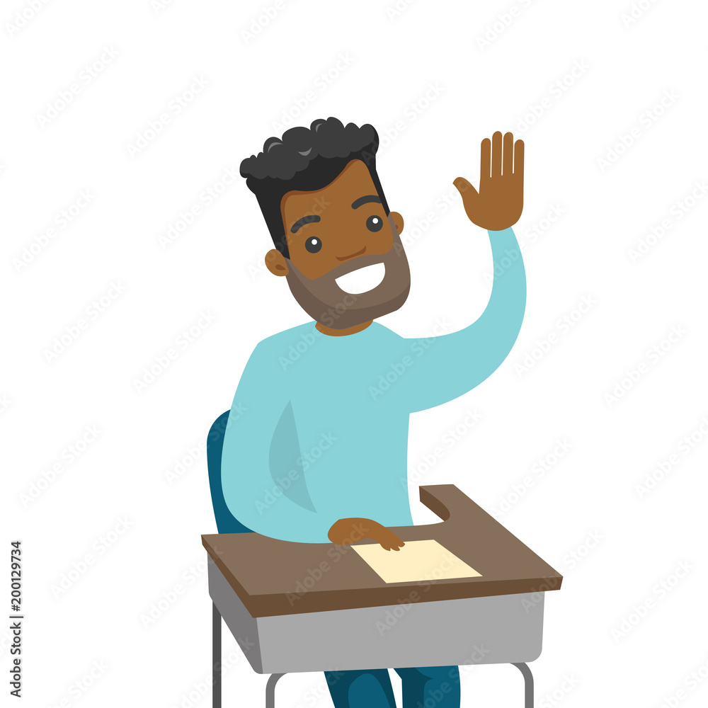 Young african-american clever student sitting at the desk and raising ...
