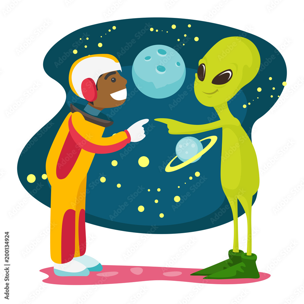 African-american space exploration astronaut and green alien meet for ...