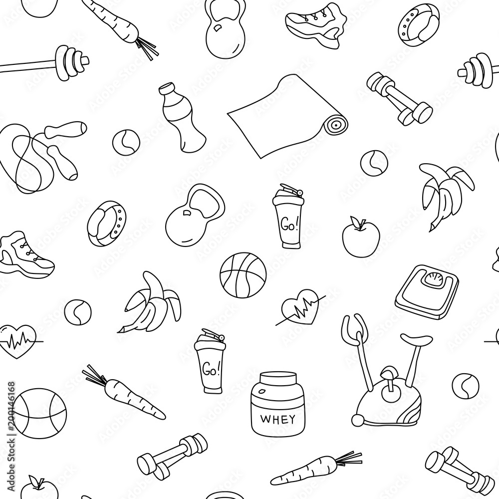 Seamless pattern with isolated fitness doodles. Hand drawn tillable ...