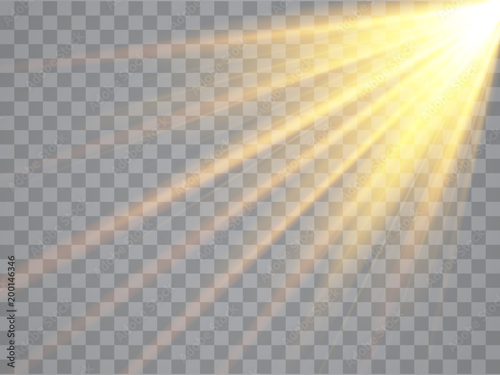 Sun rays with beams isolated on transparent background. Golden ...