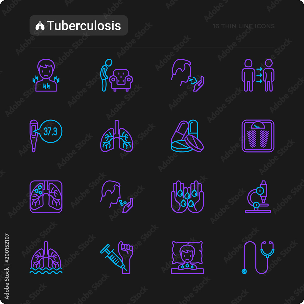 Tuberculosis thin line icons set: infection in lungs, x-ray image, dry ...