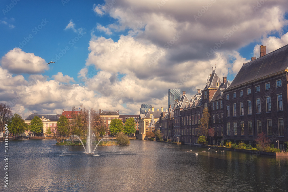 Binnenhof castle (Dutch Parliament) background with the Hofvijver lake ...