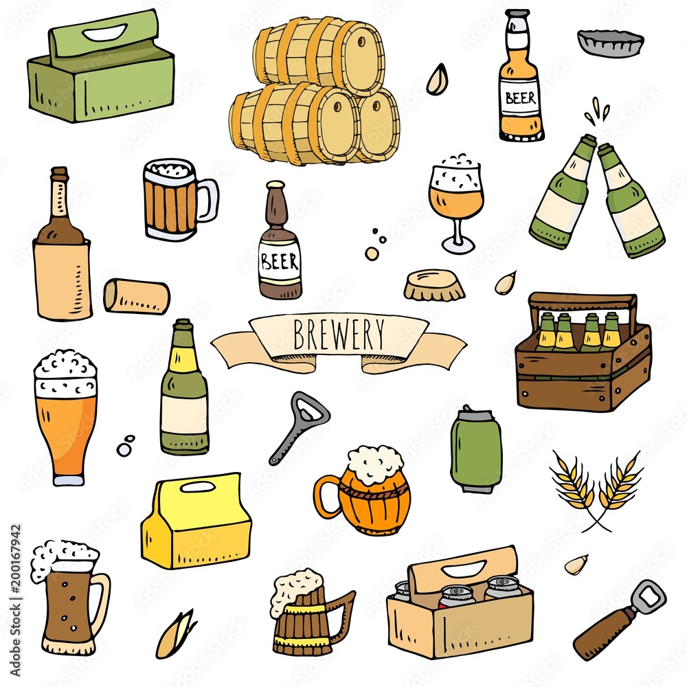 Hand drawn doodle set of Brewery icons. Vector illustration set ...