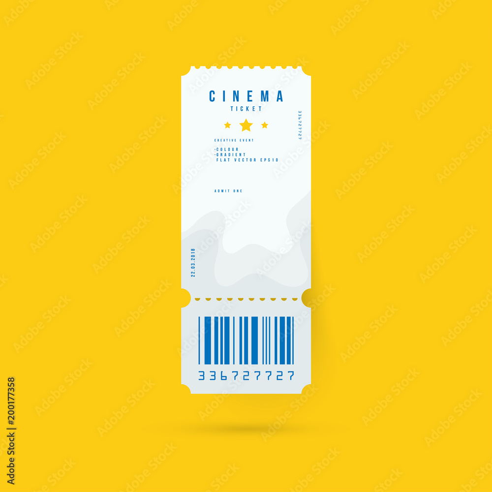 Cinema ticket realistic isolated on yellow background with shadow. Flat ...