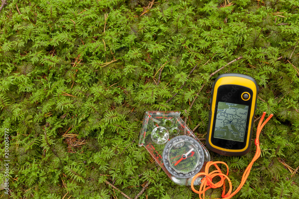 finding the right position in the forest with a compass and GPS Stock ...