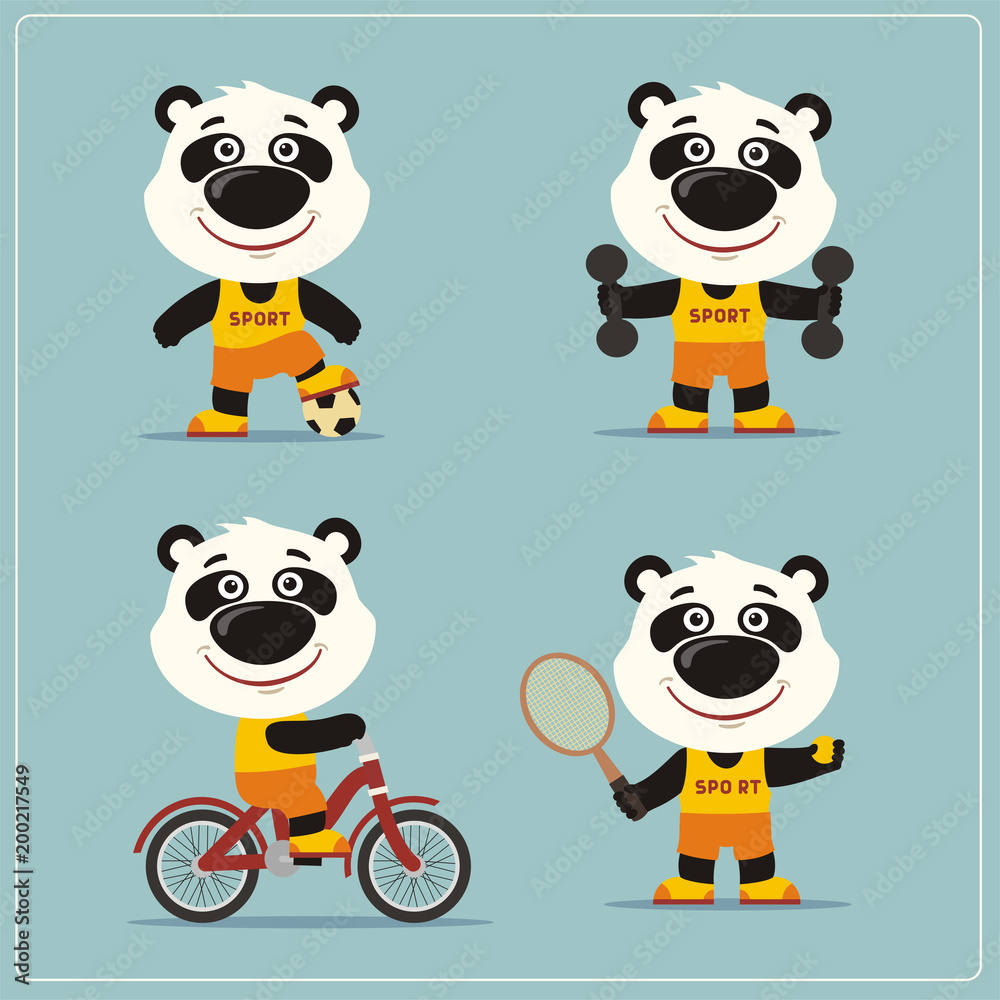 Set of funny panda is engaged in sports. Collection of cartoon panda of ...