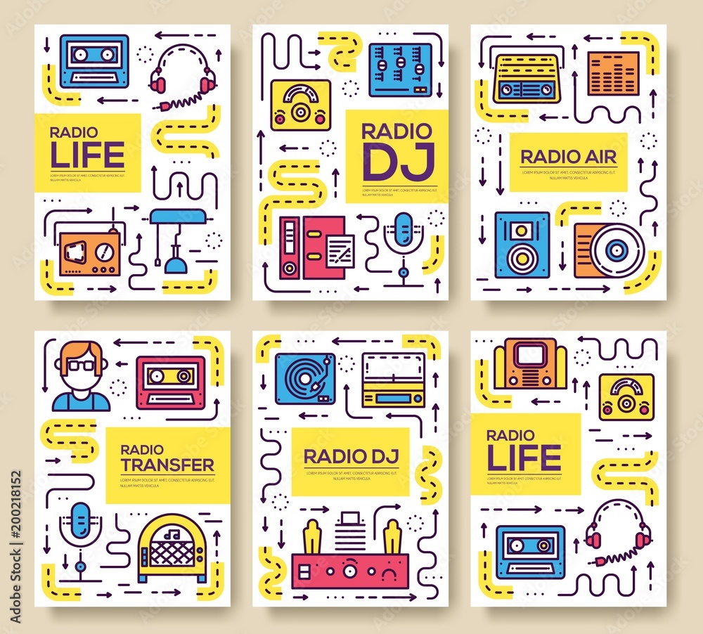 Set of thin line radio life day concept. Art old school tv equpment ...