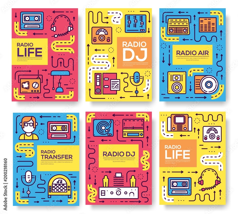 Set of thin line radio life day concept. Art old school tv equpment ...