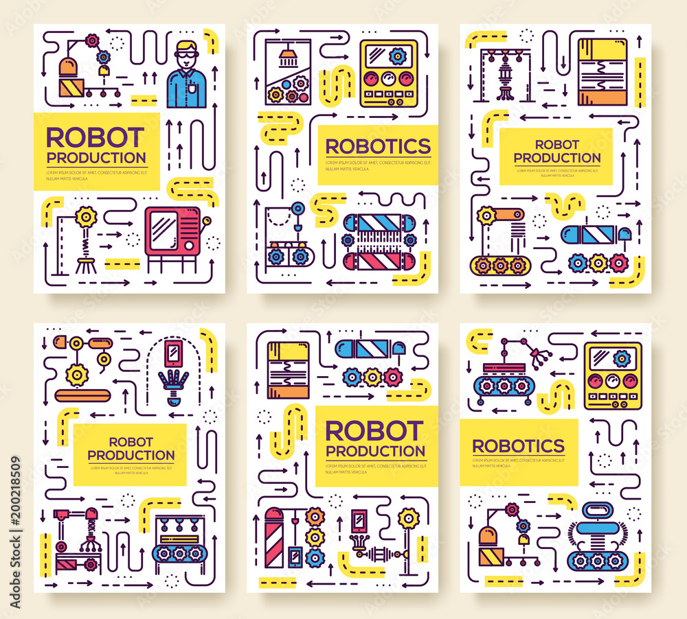 People working on robots assembly thin line set. Robotic production ...