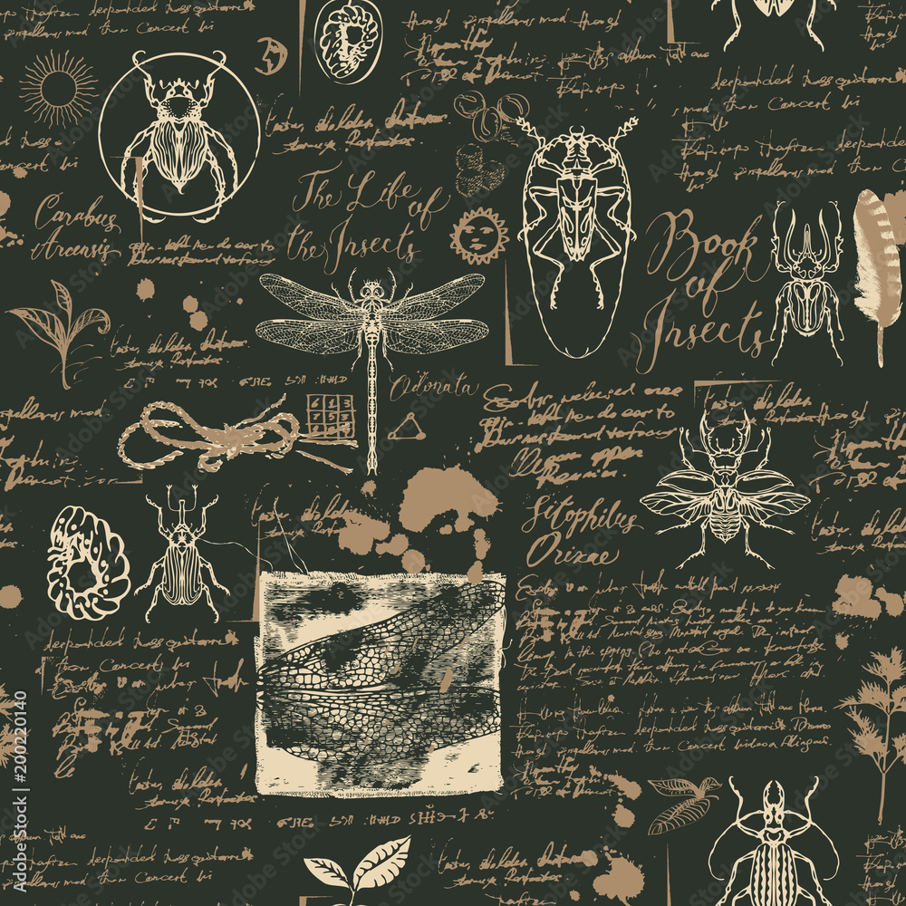 Vector seamless abstract background with insects in retro style ...