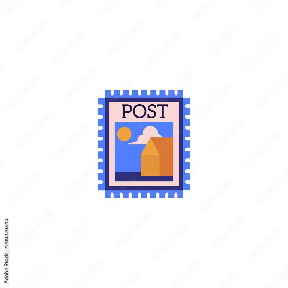 Postage stamp with landscape image and blue edges isolated on white background. Flat colorful ...