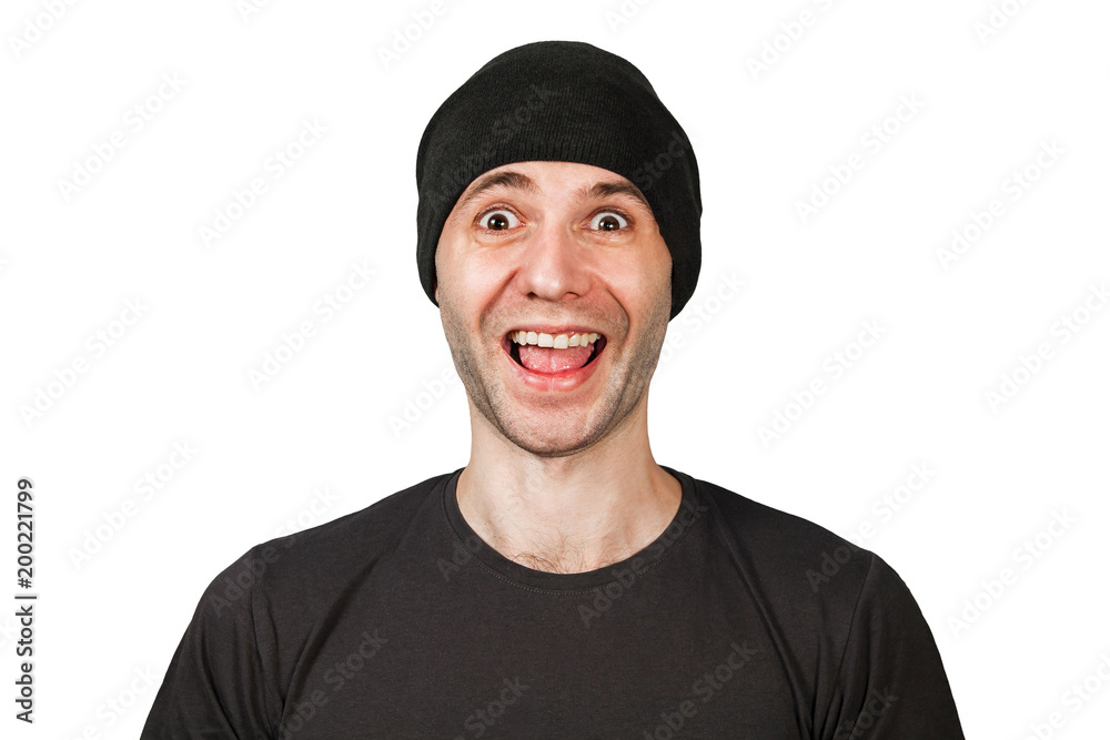 Young funny smiling man with wide eyes in hat isolated on white. Stock ...