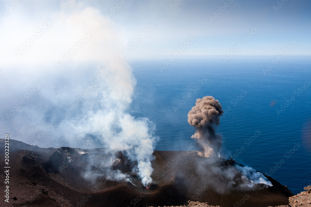 explosion of the Stromboli volcano (Strombolian activity), Aeolian ...