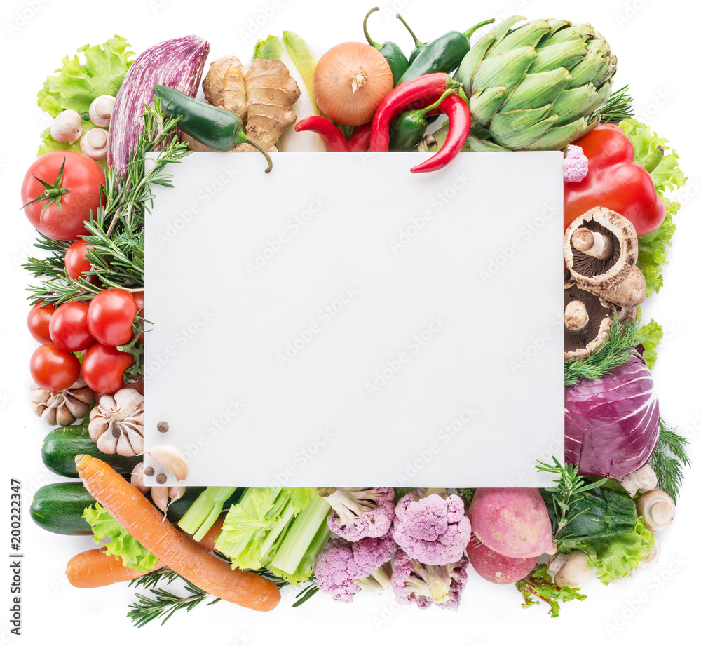 Different colorful vegetables arranged as a frame on white background ...