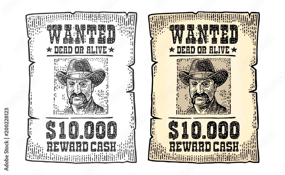 Wanted poster with man in hat. Vintage engraving Stock Vector | Adobe Stock