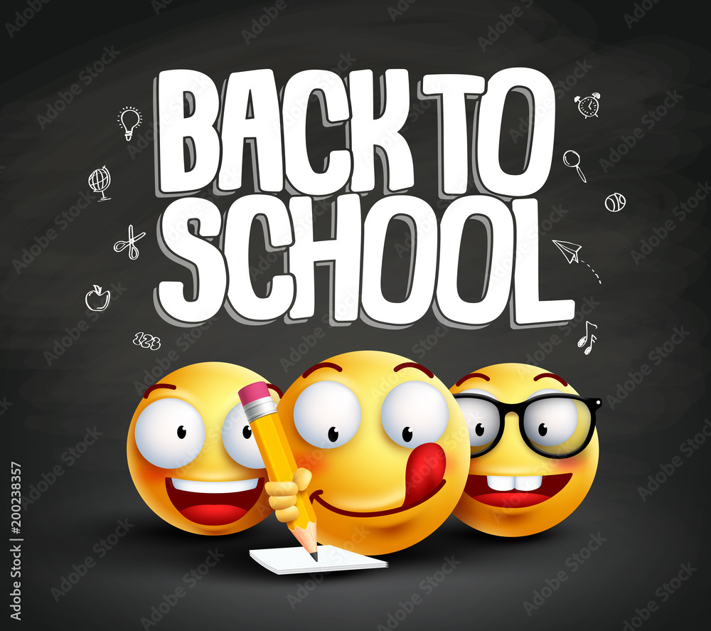 Smiley face emoticons and back to school text vector banner design ...