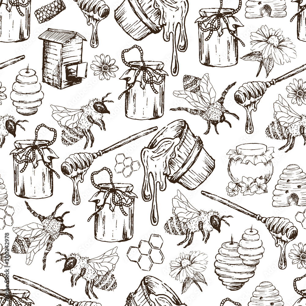 Honey Bee, Honeycomb And Jar Image Seamless Pattern Design In Sketch ...