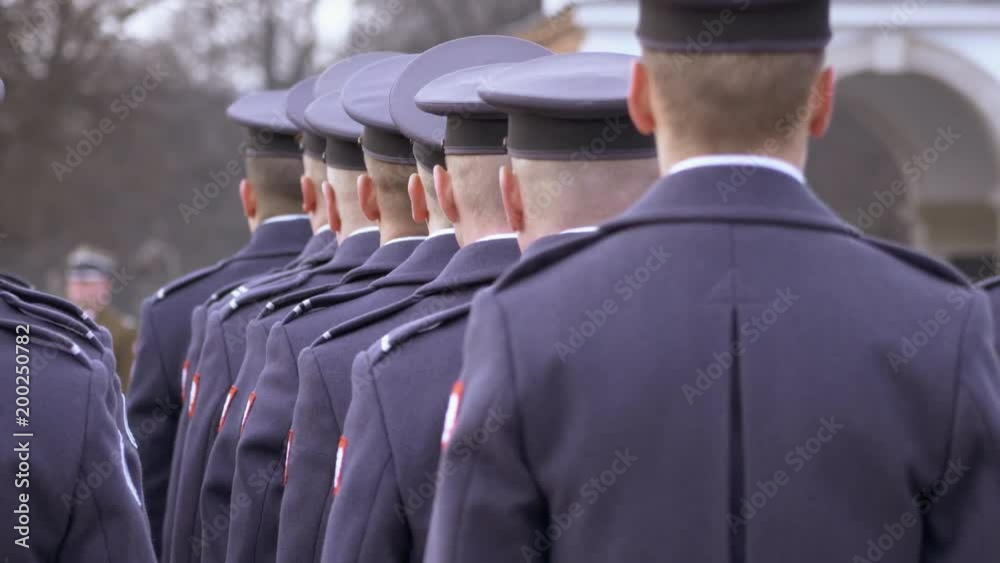 Soldiers in blue uniform stand in a line at the ceremony at attention ...