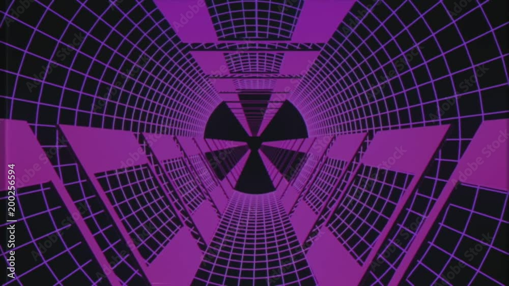 endless flight through retro style cyber purple tunnel VHS effect motion graphics animation ...