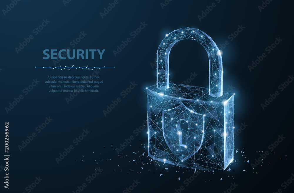 Lock. Polygonal wireframe mesh on dark blue night sky with dots and ...