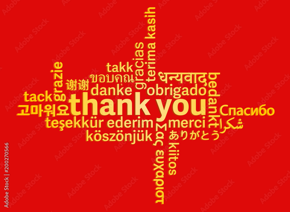 golden thank you word cloud in different languages on vivid red ...
