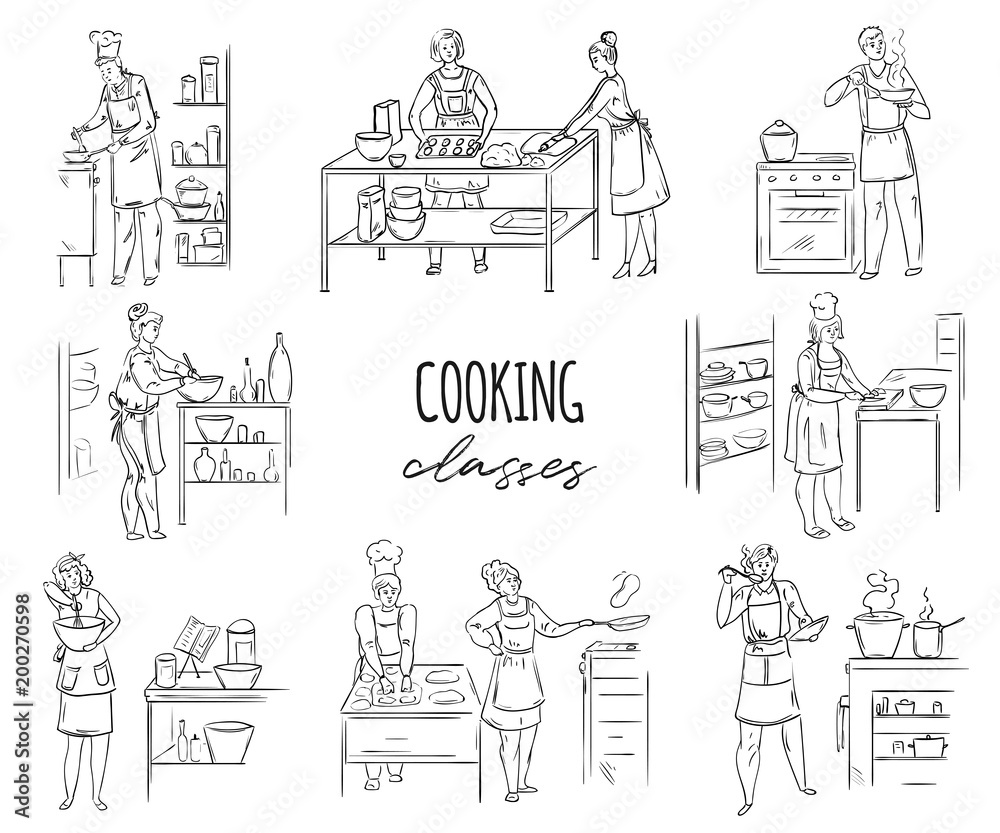 Cooking class. Group of people preparing meals. Black and white vector ...