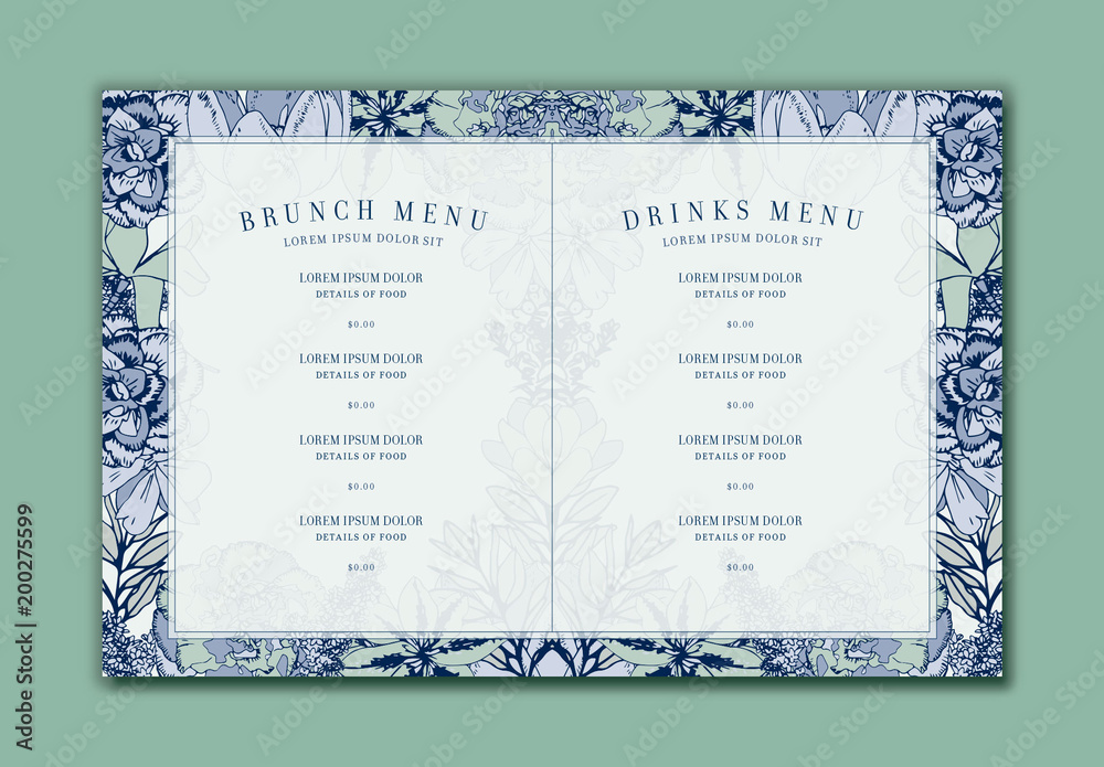 Blue Floral Restaurant Brunch Menu Layout Stock Template | Adobe Stock