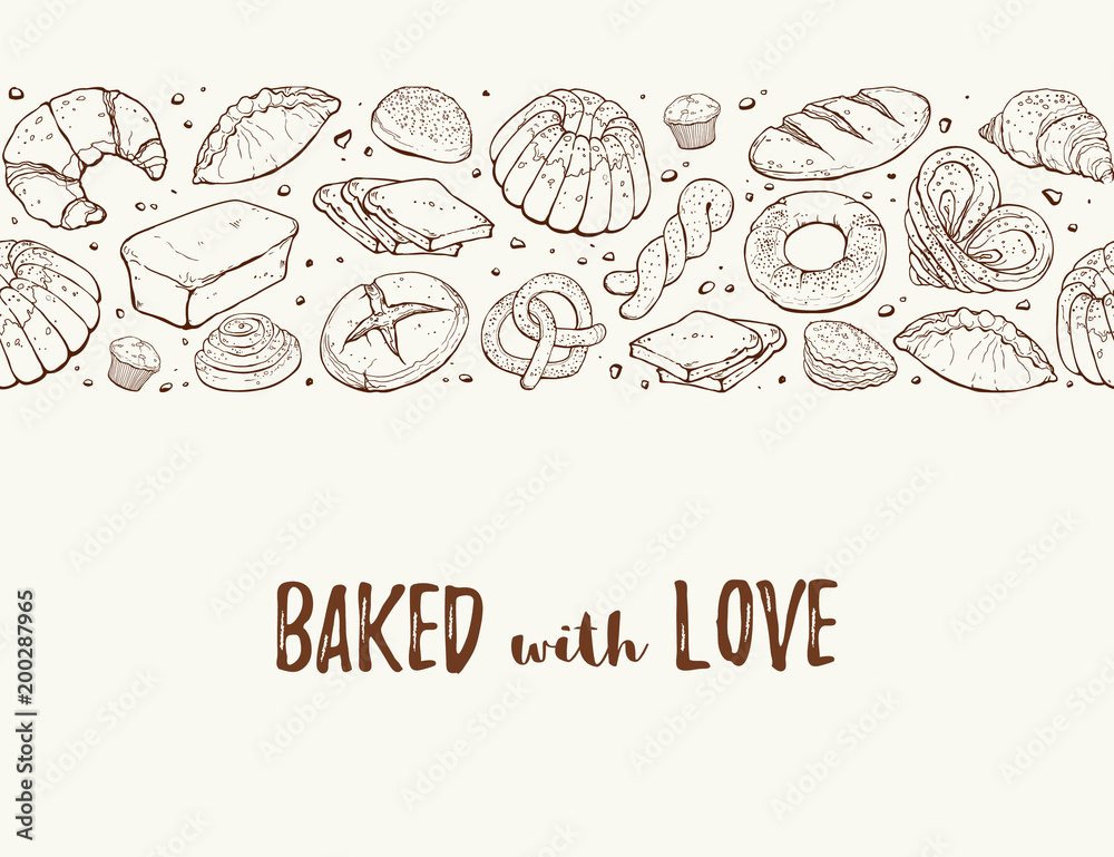 Baked with love. Horizontal border composition from hand drawn bread in ...