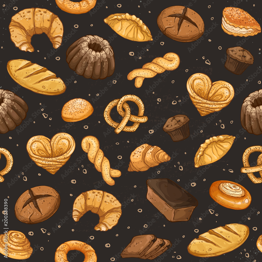 Bakery background. Vector seamless pattern with pastry. Hand drawn ...