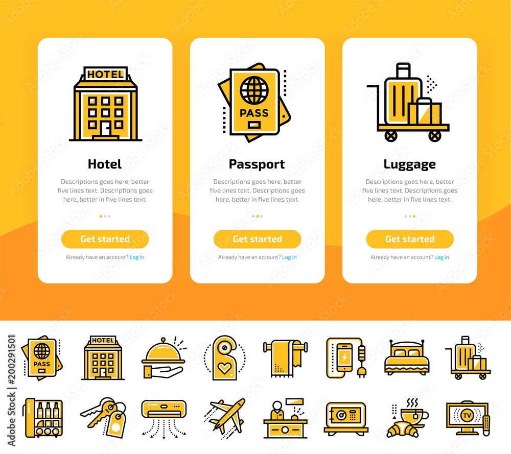 Onboarding app screens of hotel services icons set. Suitable for ...