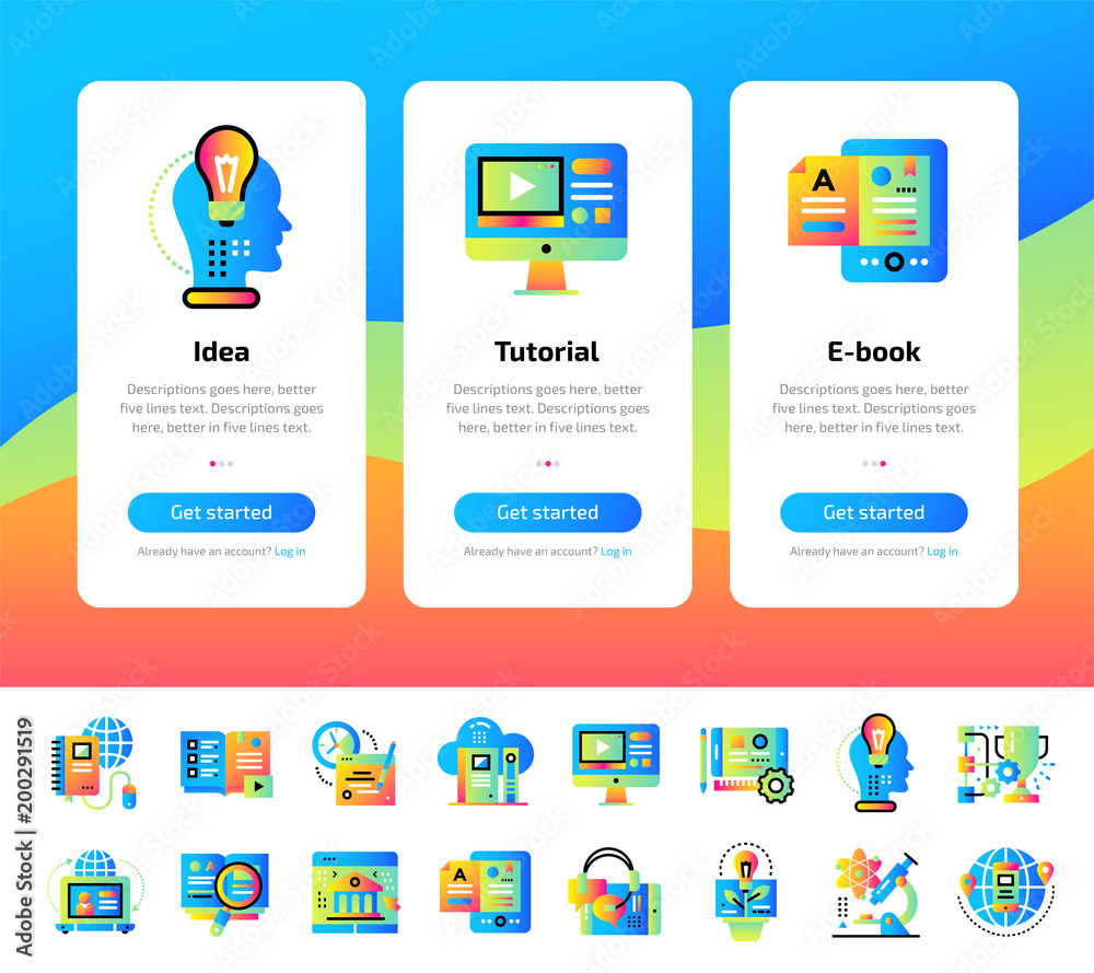 Onboarding app screens of education and e-learning icons set. Suitable ...