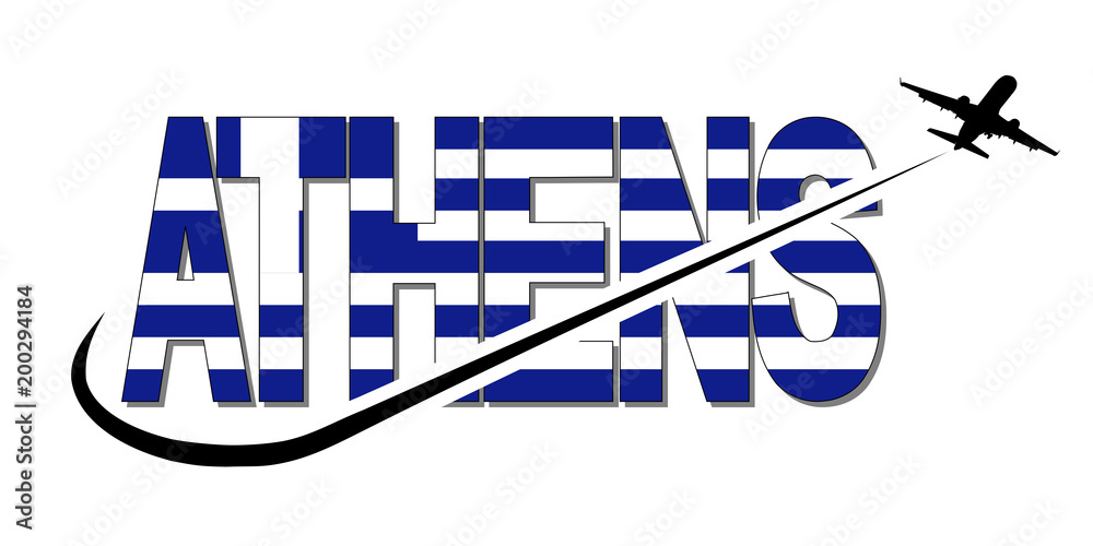 Athens flag text with plane silhouette and swoosh illustration Stock ...