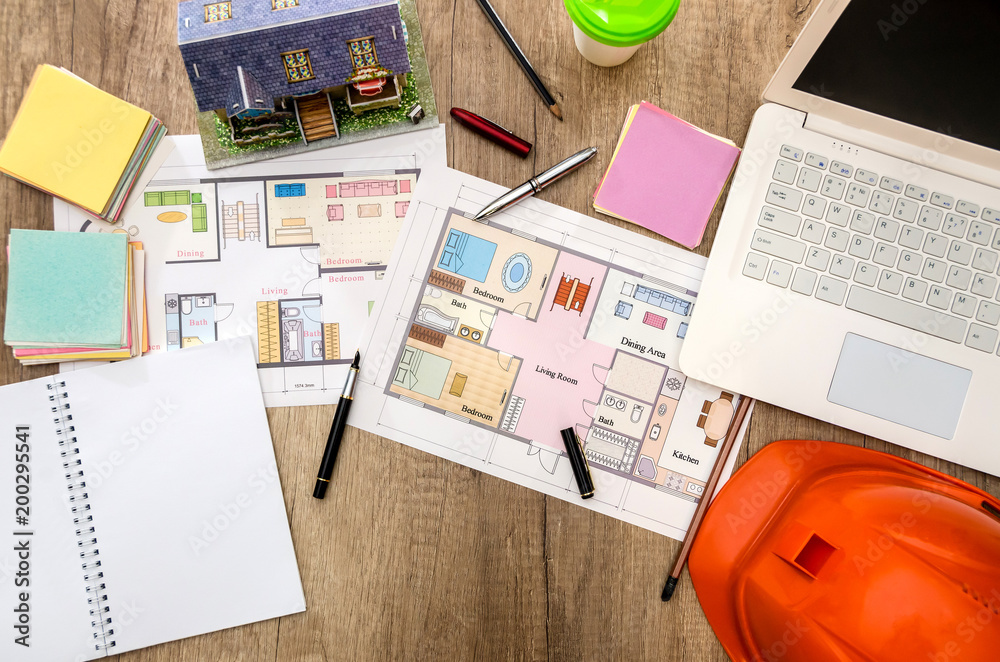 architectural plan of the house, laptop, helmet, layout Stock Photo ...