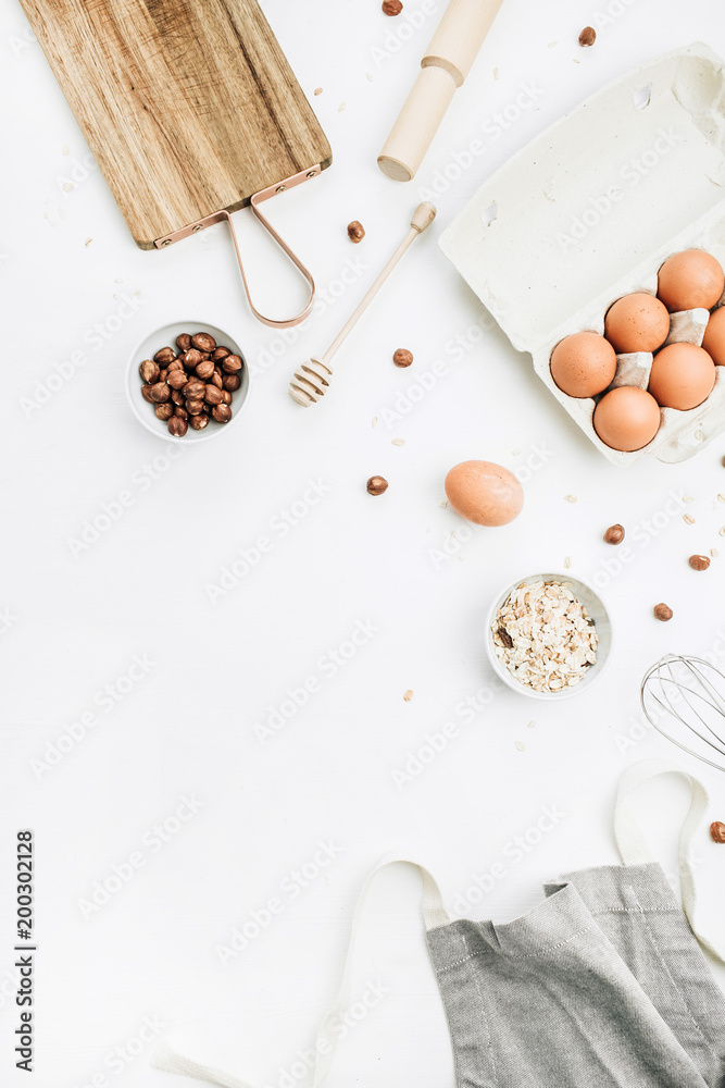 Food ingredients on white background. Cooking flat lay, top view ...