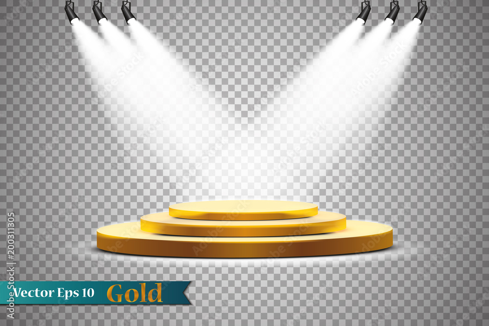 Golden podium with a searchlight on a transparent background, the first ...