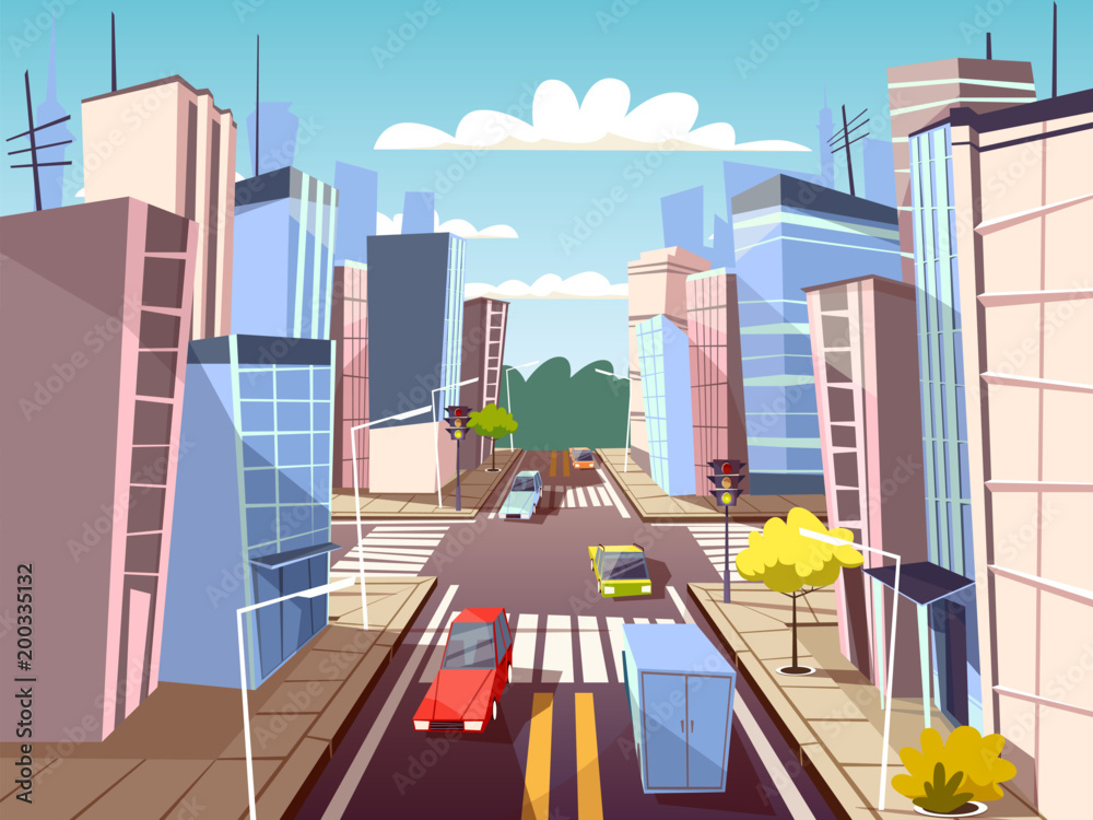 City street vector illustration of urban cars transport on traffic lane ...