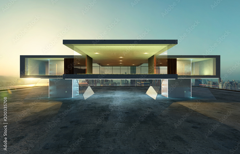 Perspective view of contemporary building exterior with steel,cement ...