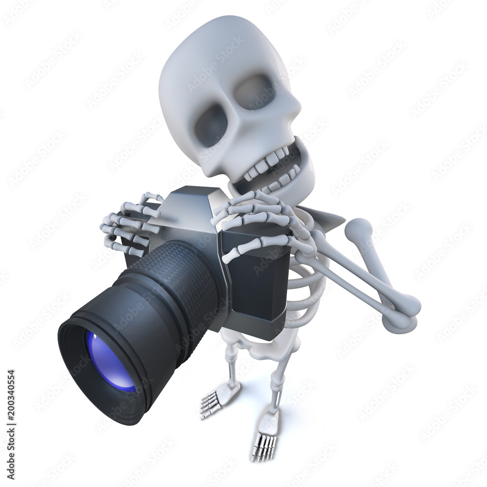 3d Funny cartoon spooky skeleton character taking a photo with a camera ...