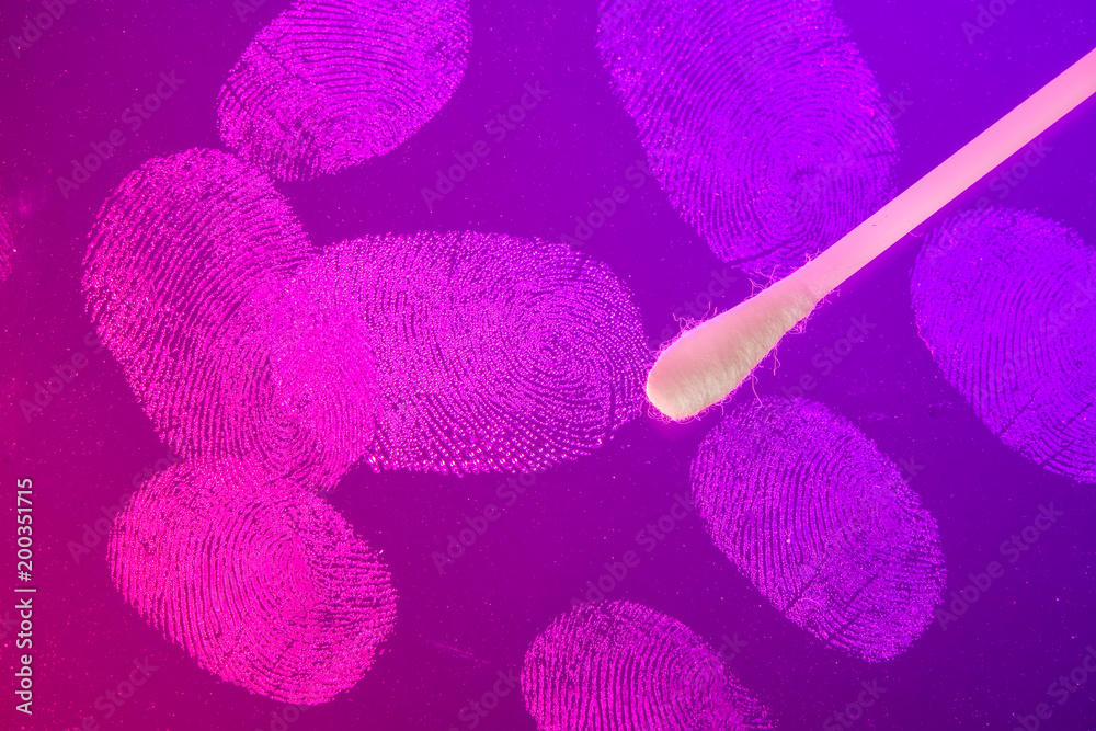 Crime scene. Cotton swab collects evidence and DNA. Fingerprints on ...