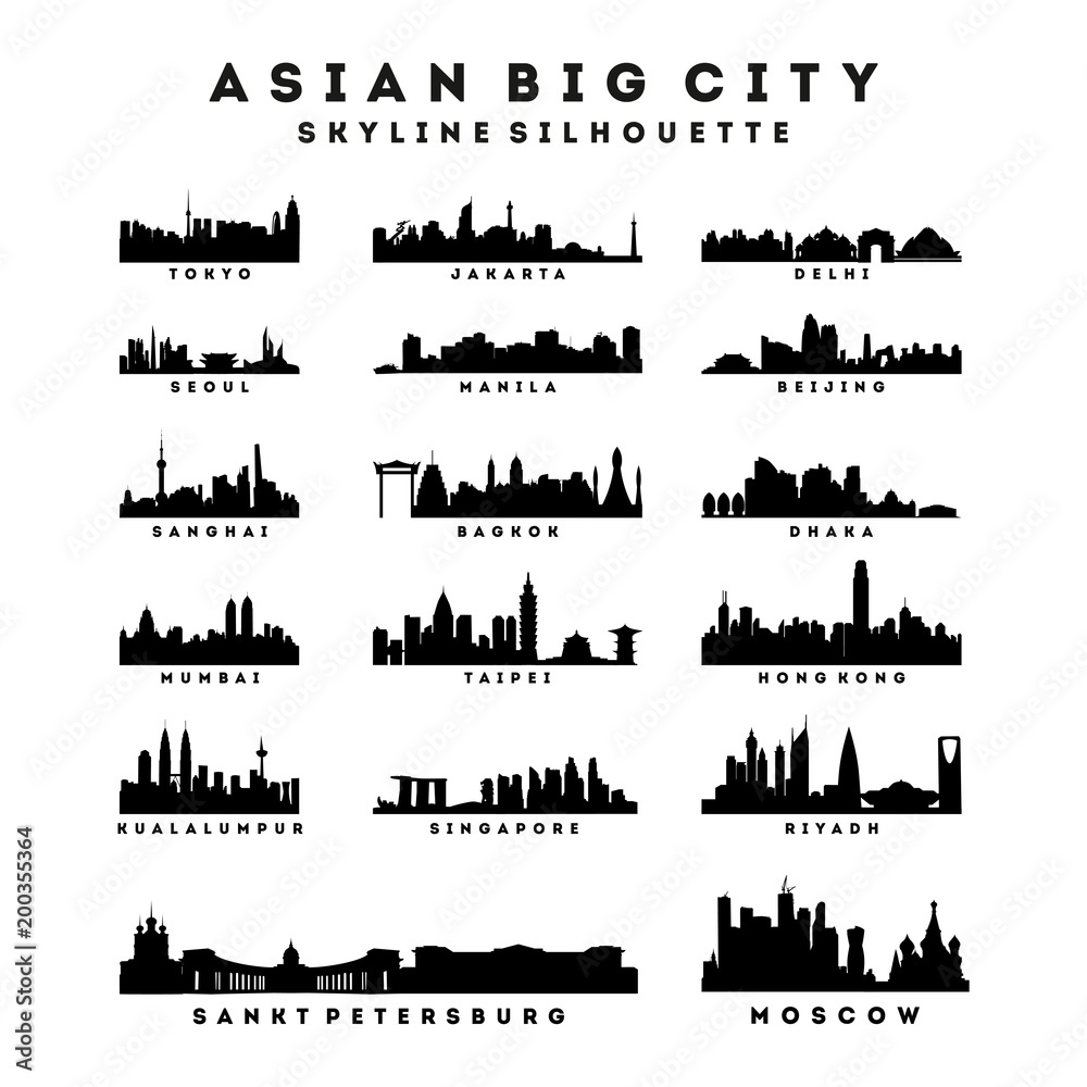 Collection of Asian Big City Skyline Silhouette Vector Stock Vector ...