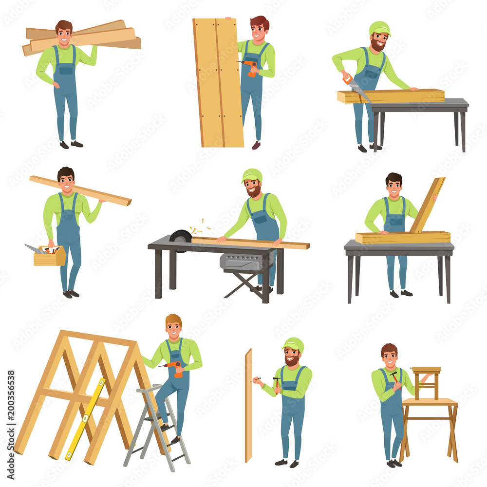 Cartoon set of carpenter characters at work. People with tools for ...