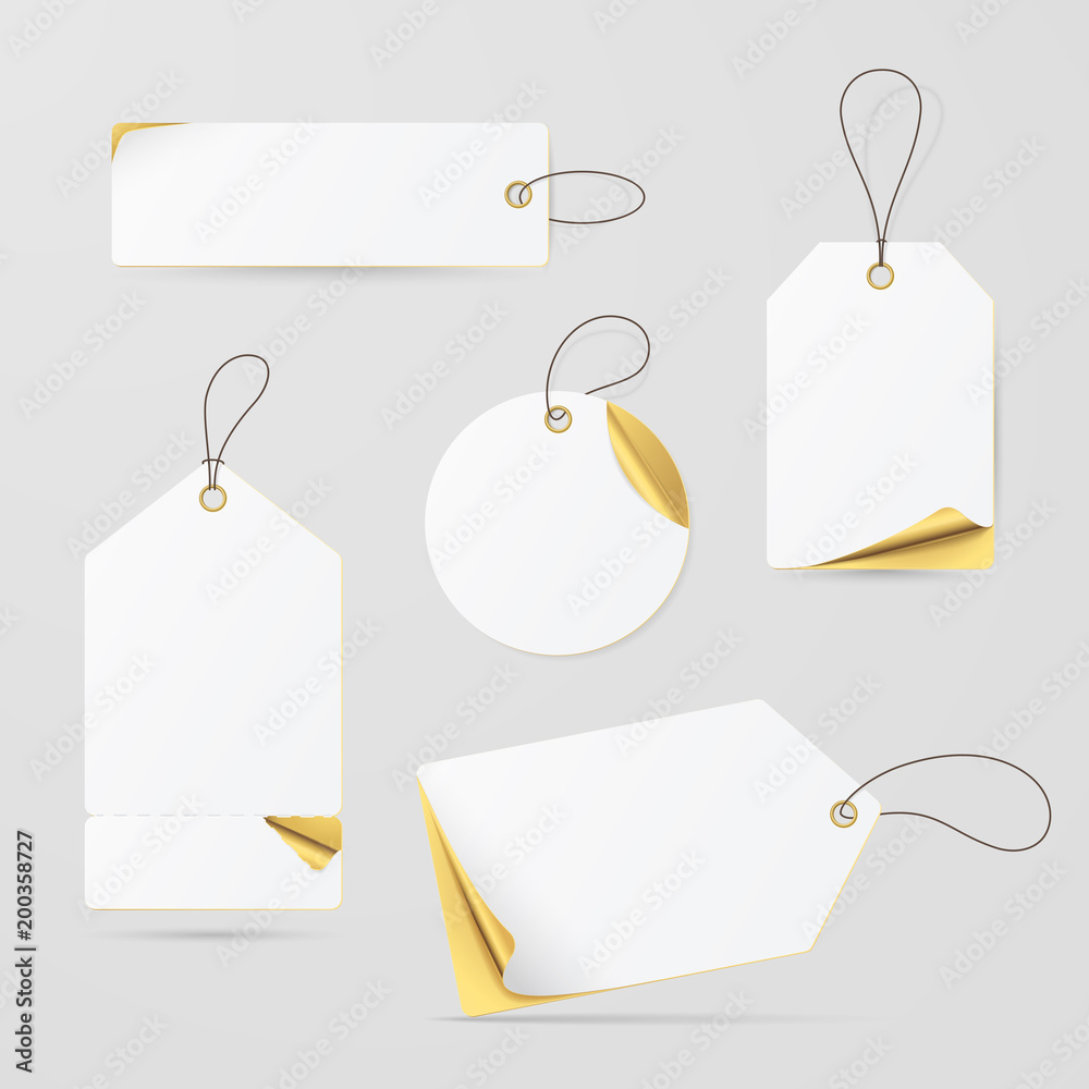 Set of realistic white price tags with curved gold corners and ropes ...