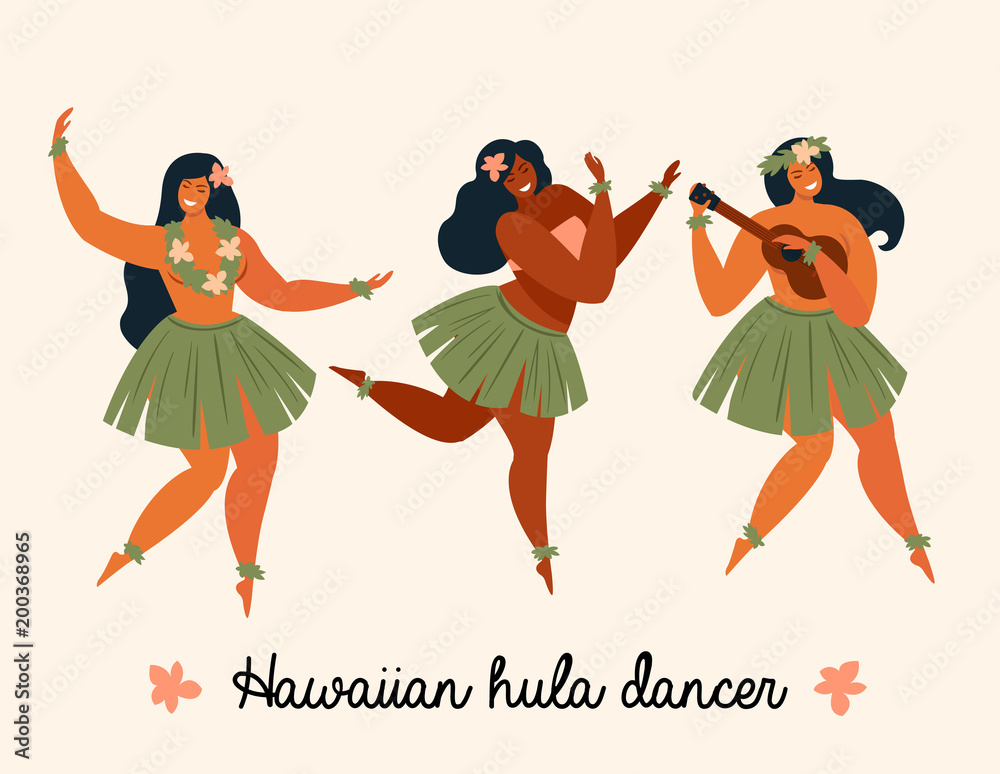 Hawaiian hula dancers young pretty woman Vector illustration. Stock 벡터 ...