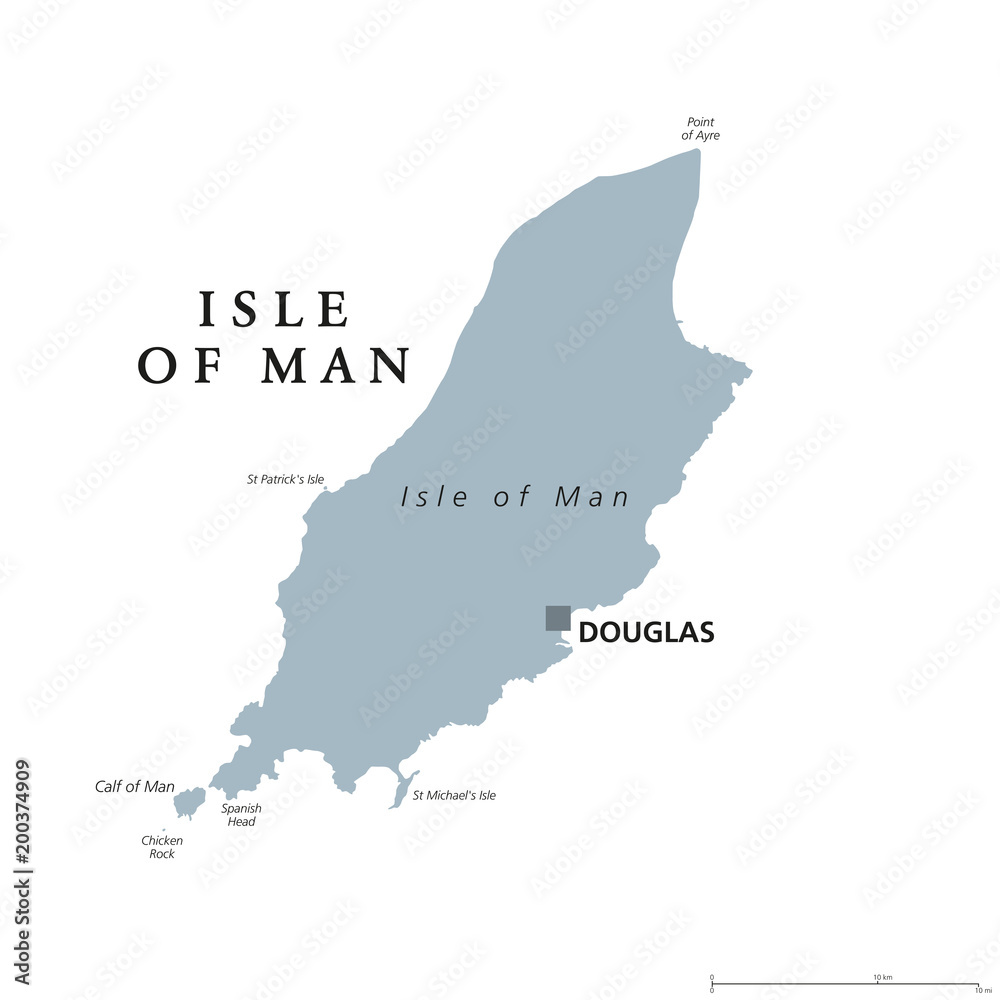 Isle of Man political map with capital Douglas. Also known as Mann, a ...
